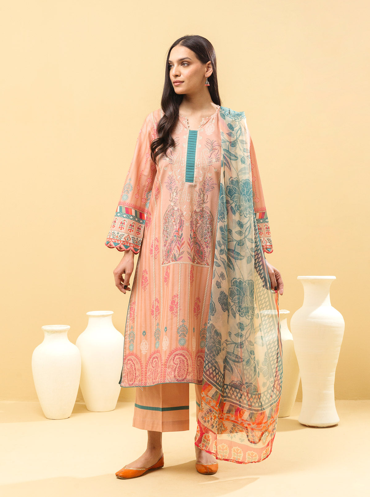 3 PIECE - PRINTED LAWN SUIT - PEACHY BLUSH – BEECHTREE