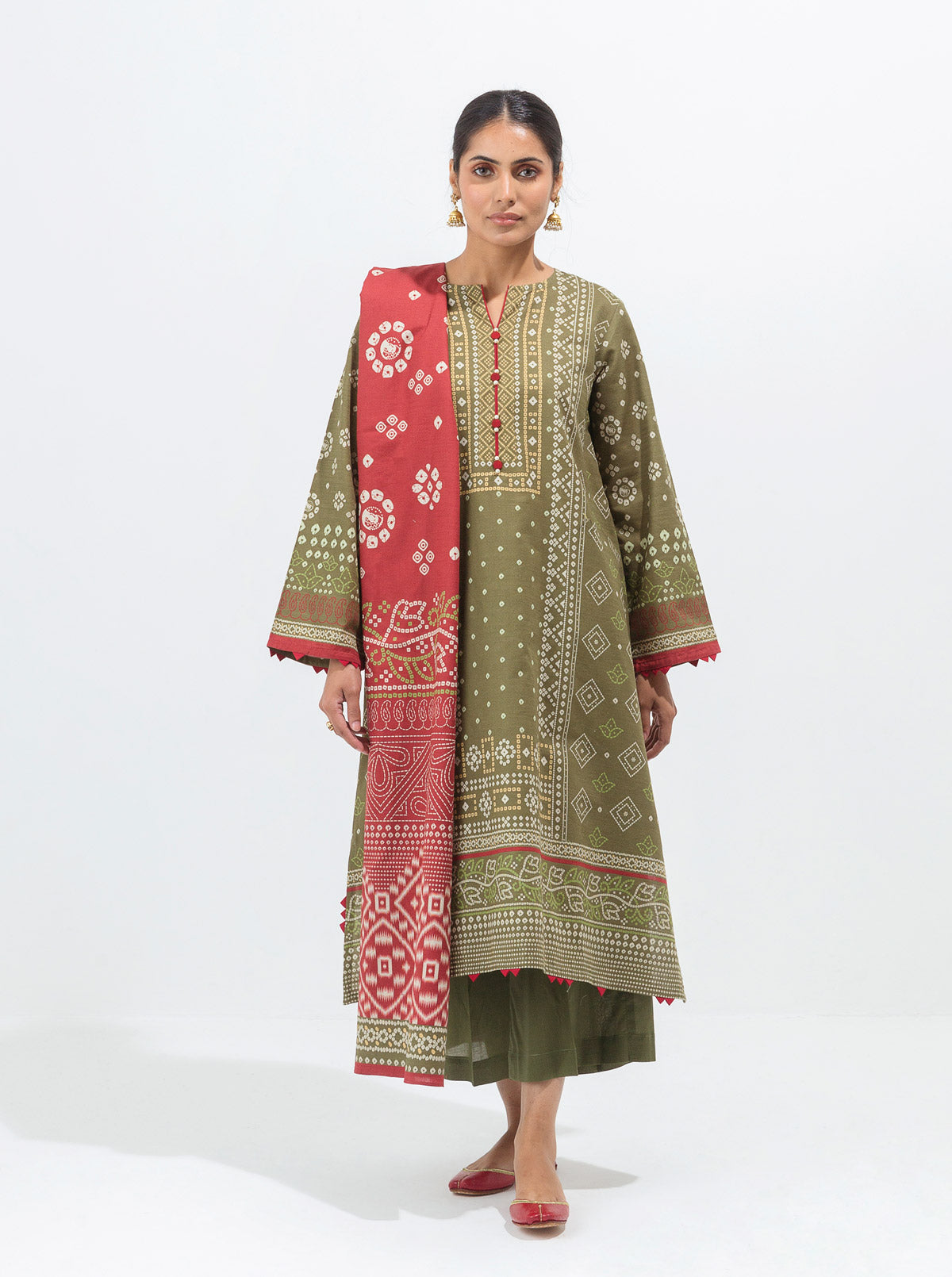 3 PIECE - PRINTED KHADDAR SUIT - OLIVE OPAL – BEECHTREE