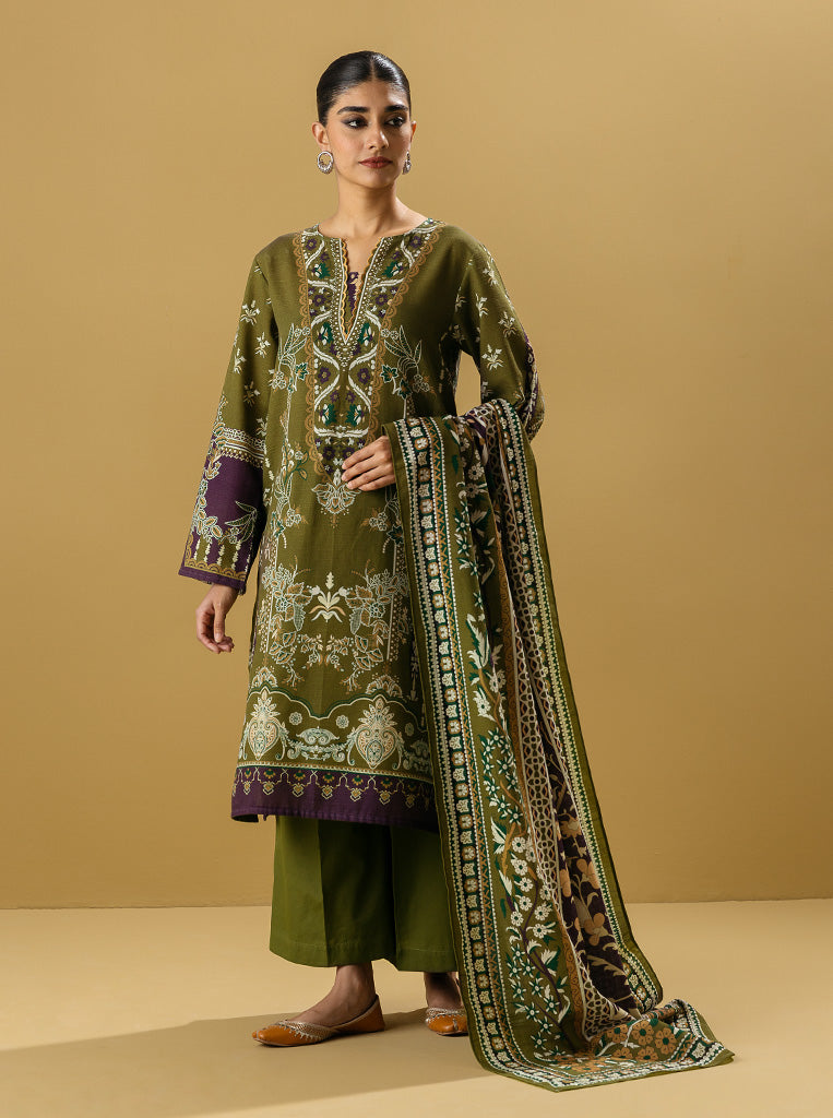 3 PIECE - PRINTED KHADDAR SUIT - RIDI OLIVE – BEECHTREE