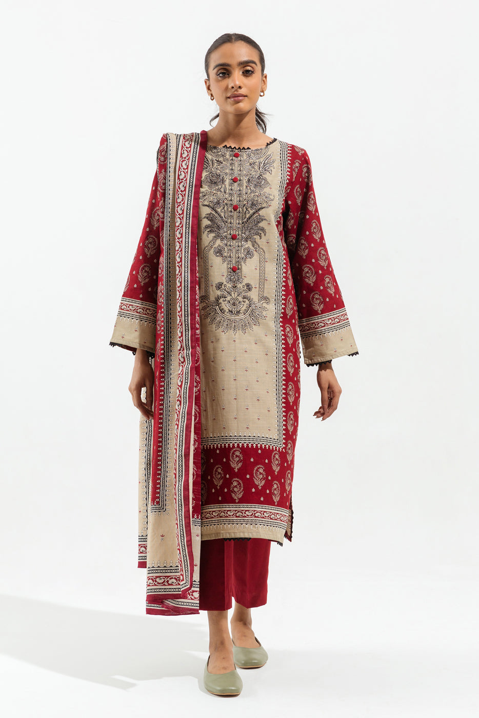 3 PIECE - EMBROIDERED KHADDAR SUIT - IVORY CERISE (UNSTITCHED) – BEECHTREE