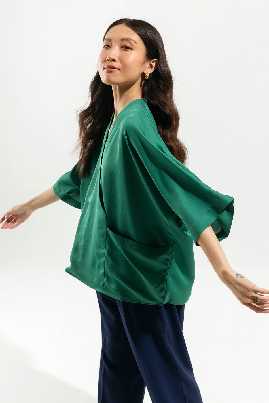 GREEN OVERLAPPED SATIN TOP – BEECHTREE