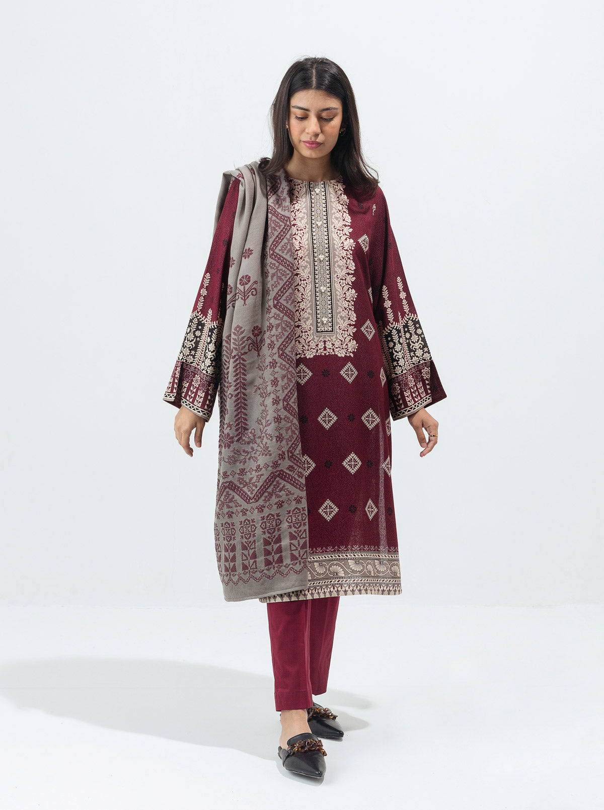 Antique Red-Printed With Shawl-3P – BEECHTREE