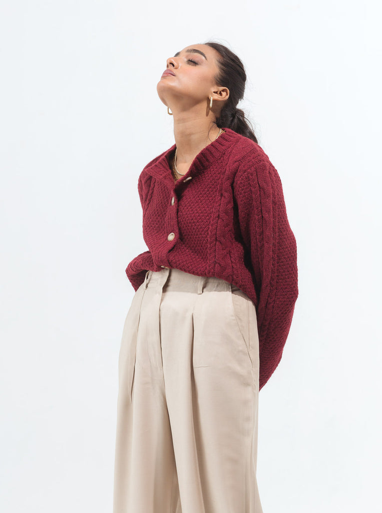 Maroon Combination Cable Knit Cardigan – BEECHTREE