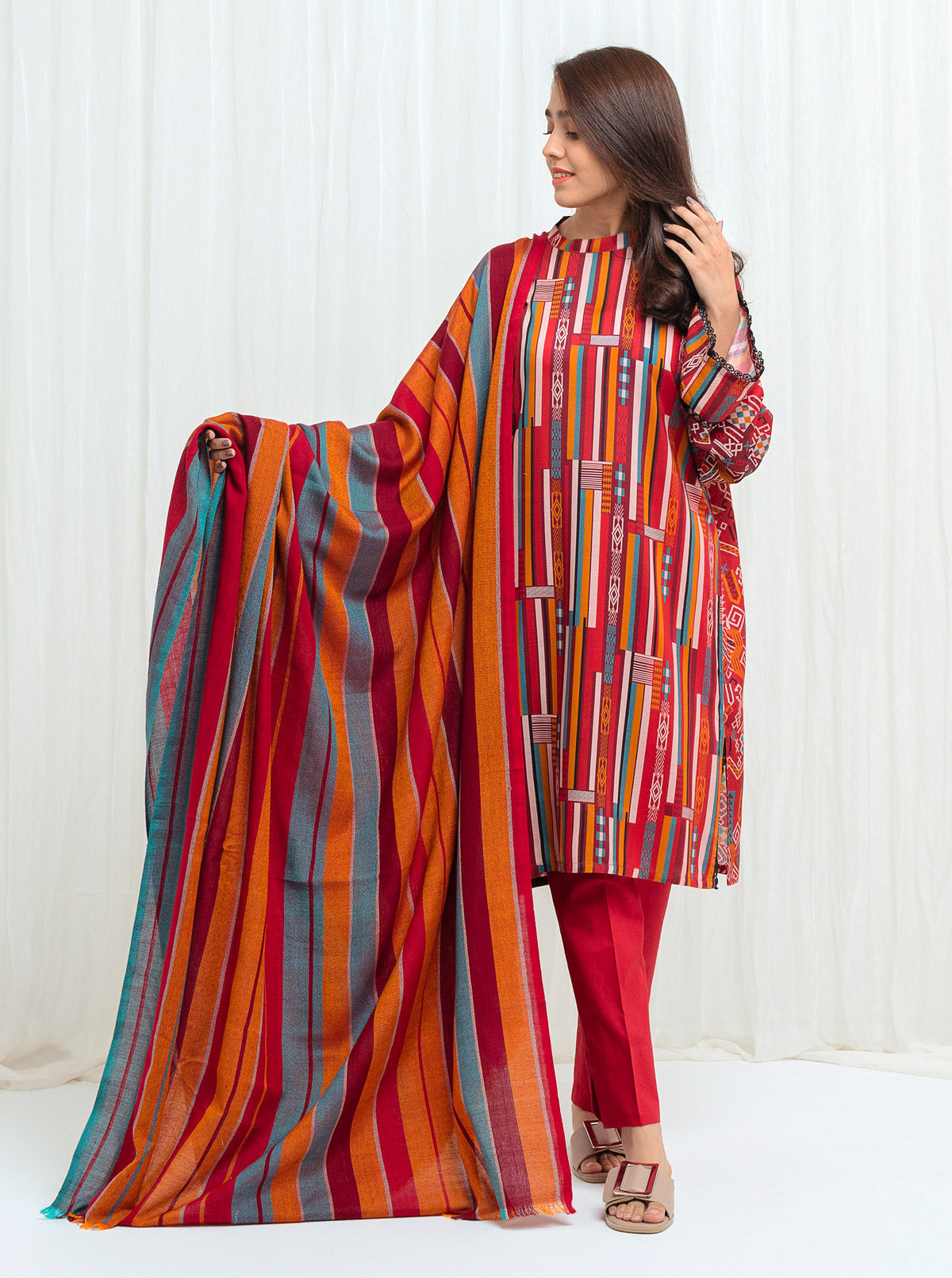 Crimson Lines With Woven Shawl - 3P – BEECHTREE