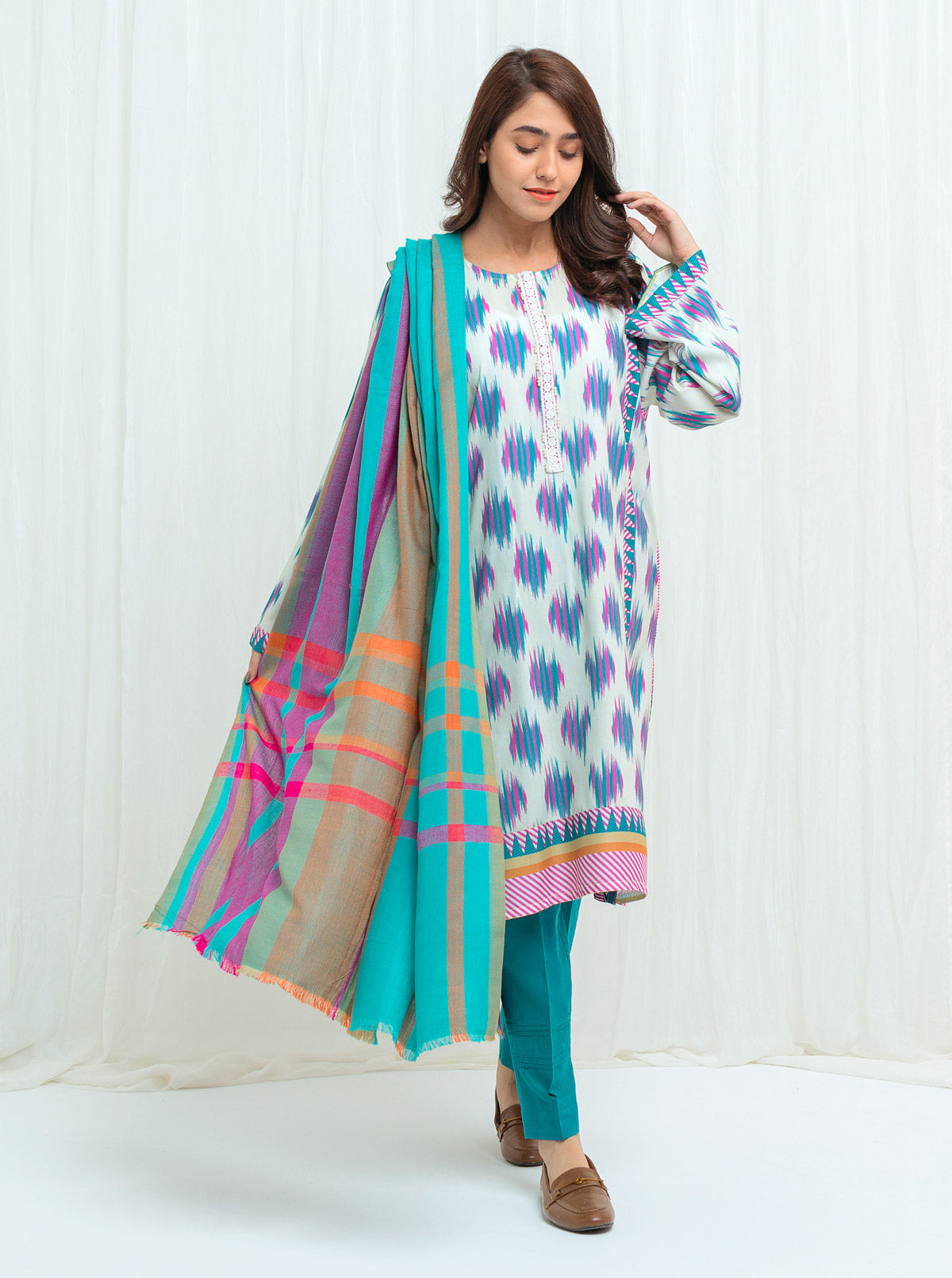 Turquoise Mirage With Woven Shawl - 3P (UNSTITCHED) – BEECHTREE