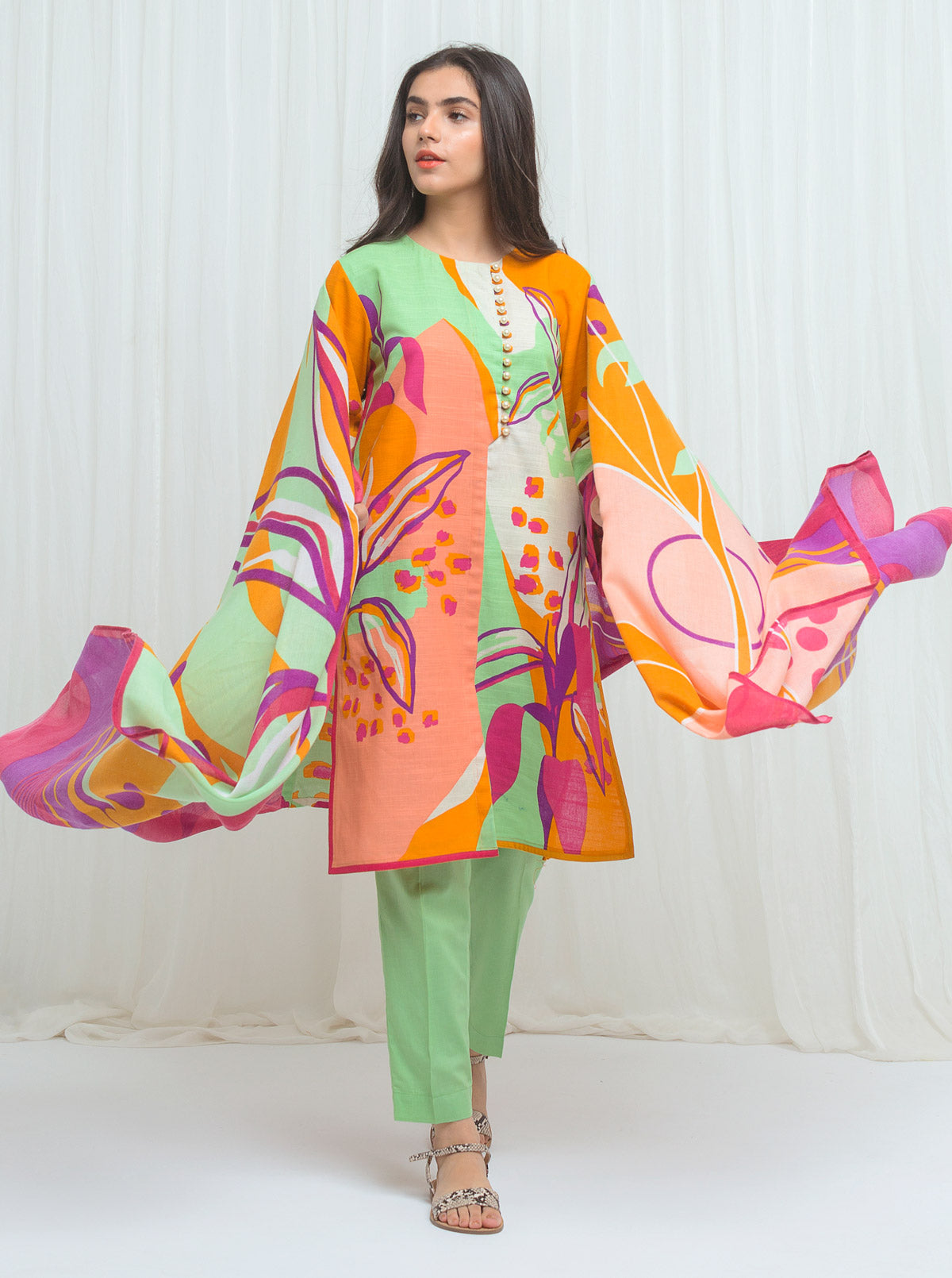 Mint Topical With Printed Shawl-3P – BEECHTREE